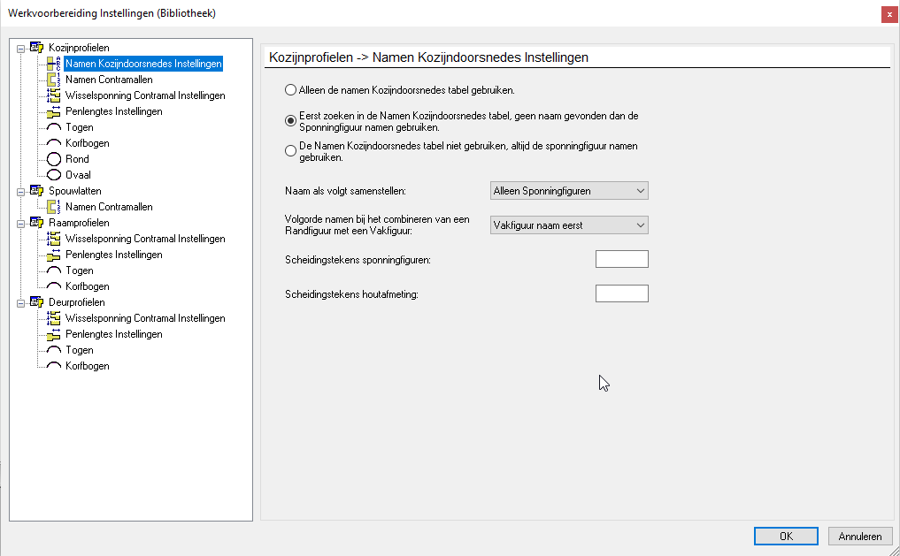 Werkvoorbereiding Instellingen - Namen Kozijndoorsnedes Instellingen | Matrix Knowledge Base